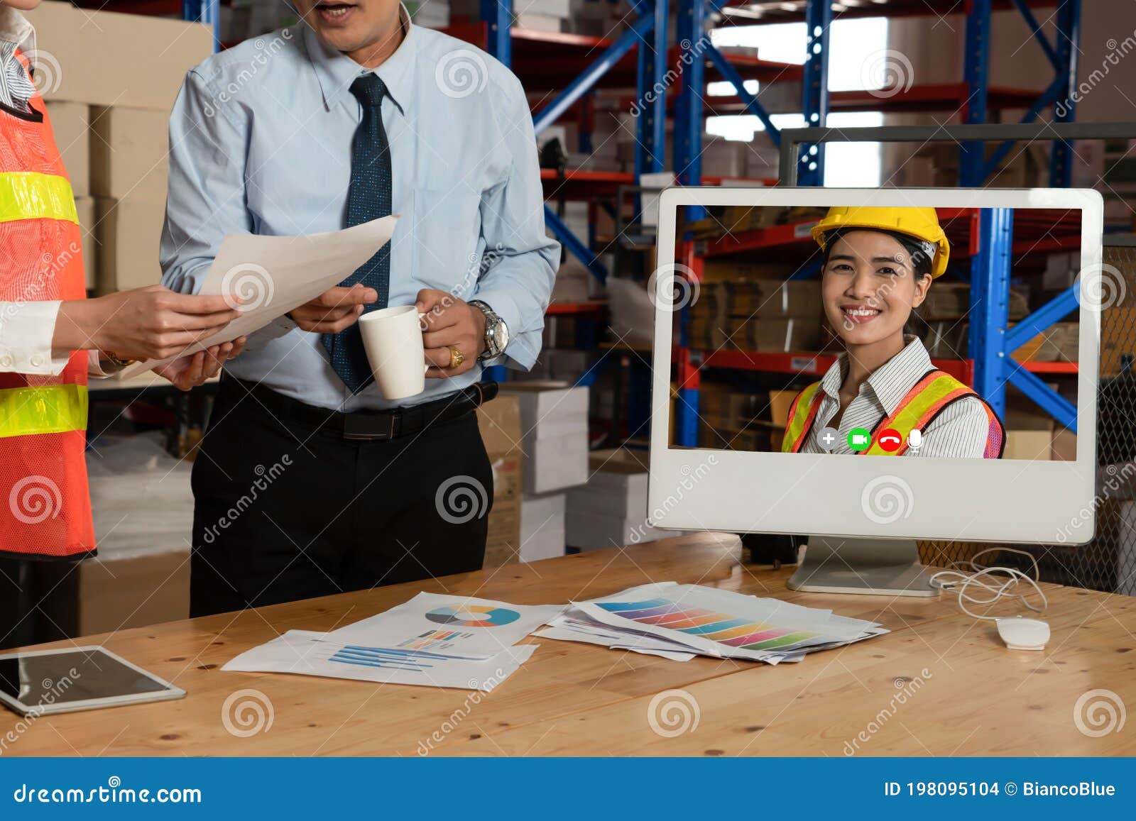 Warehouse Staff Talking on Video Call at Computer Screen in Storage ...