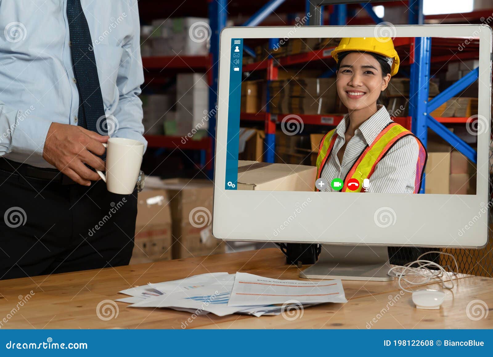 Warehouse Staff Talking on Video Call at Computer Screen in Storage ...