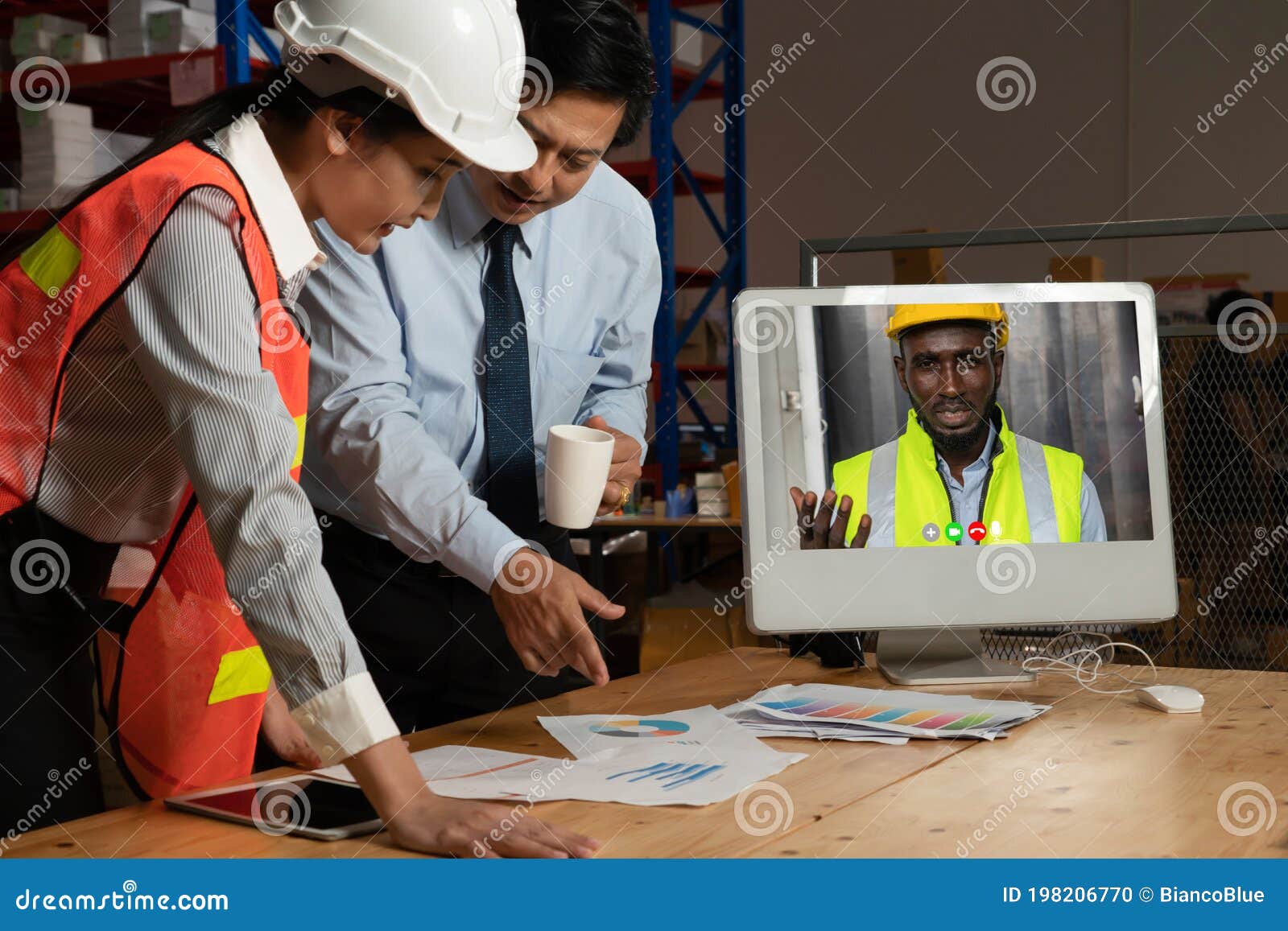 Warehouse Staff Talking on Video Call at Computer Screen in Storage ...