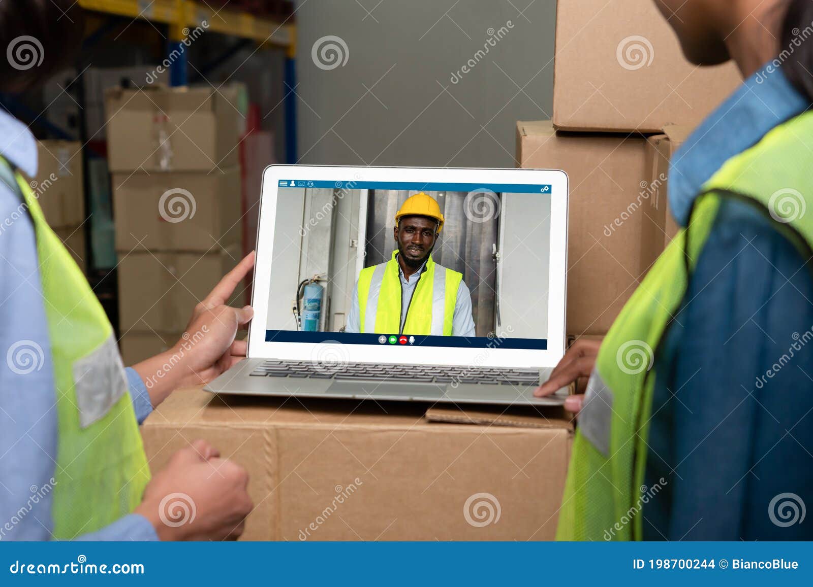 Warehouse Staff Talking on Video Call at Computer Screen in Storage ...