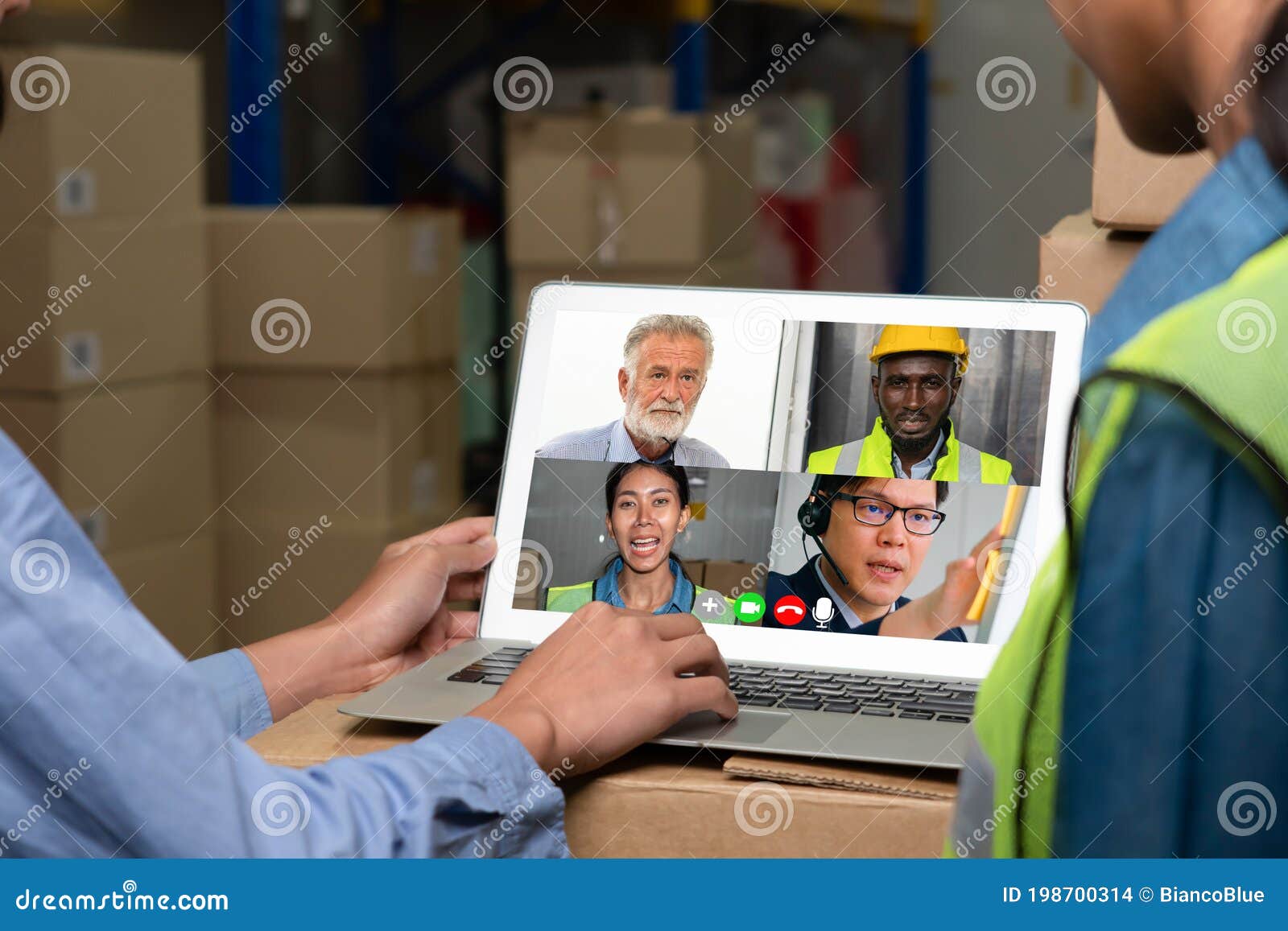 Warehouse Staff Talking on Video Call at Computer Screen in Storage ...