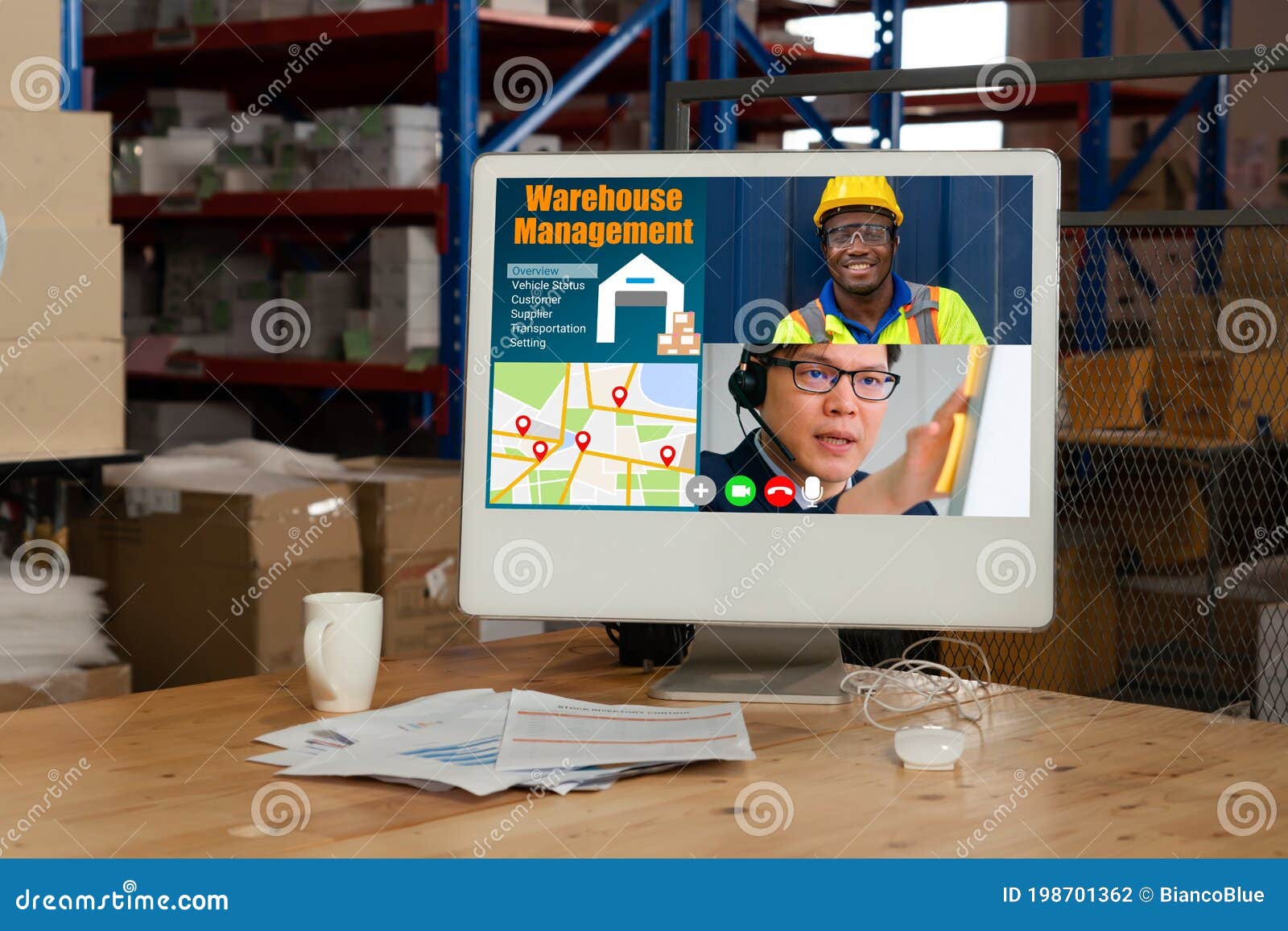 Warehouse Staff Talking on Video Call at Computer Screen in Storage ...