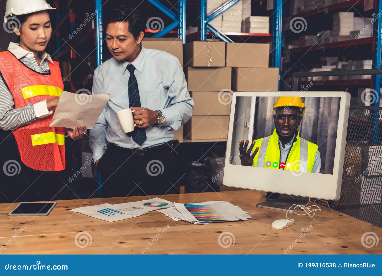 Warehouse Staff Talking on Video Call at Computer Screen in Storage ...