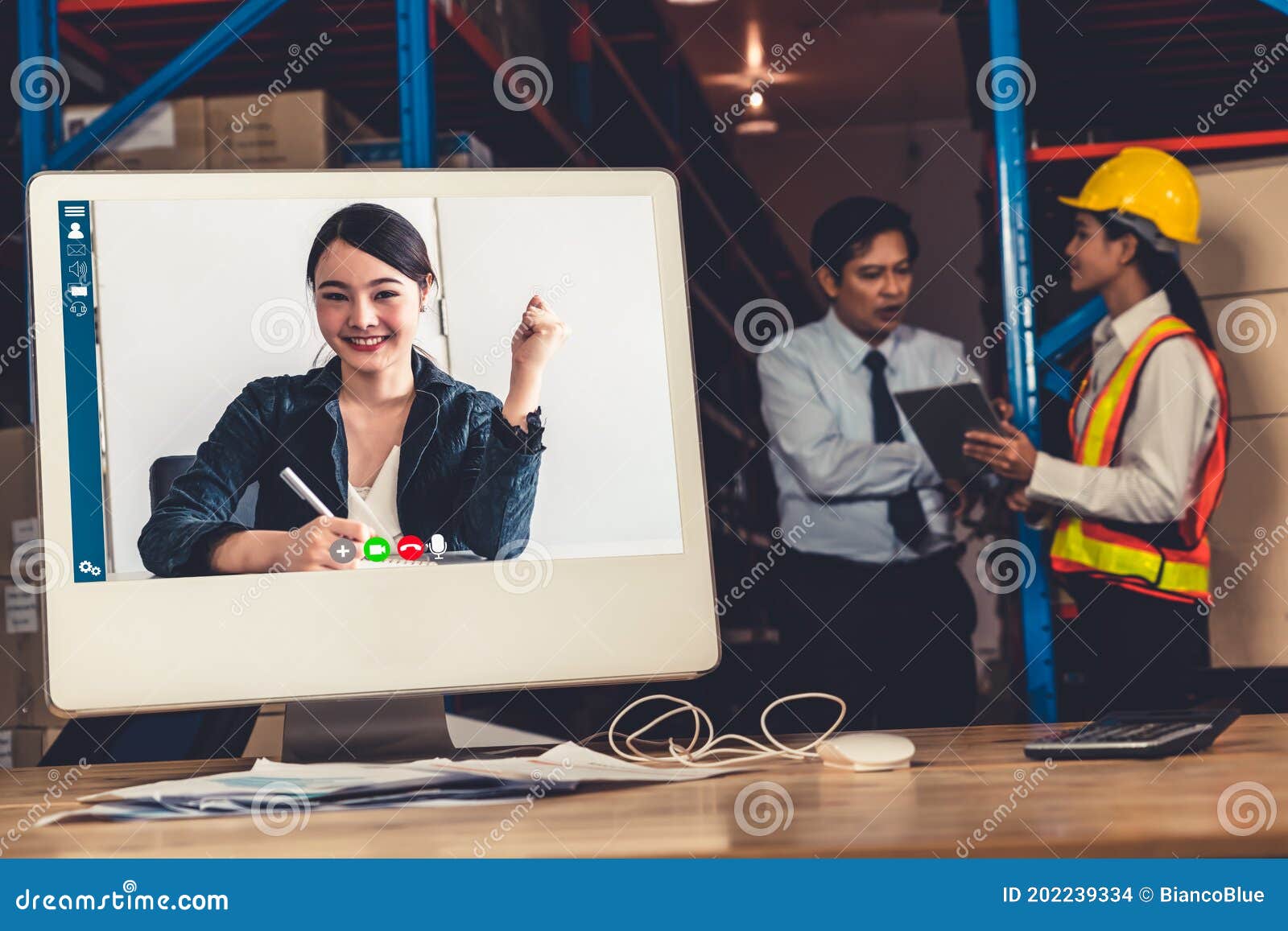 Warehouse Staff Talking on Video Call at Computer Screen in Storage ...