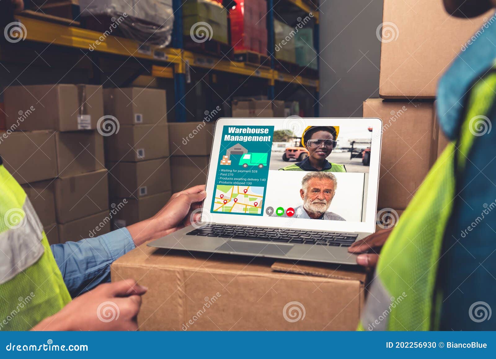 Warehouse Staff Talking on Video Call at Computer Screen in Storage ...