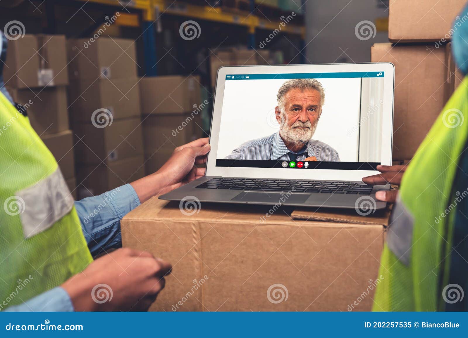 Warehouse Staff Talking on Video Call at Computer Screen in Storage ...