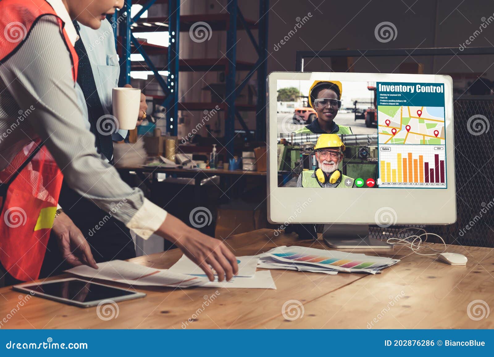 Warehouse Staff Talking on Video Call at Computer Screen in Storage ...