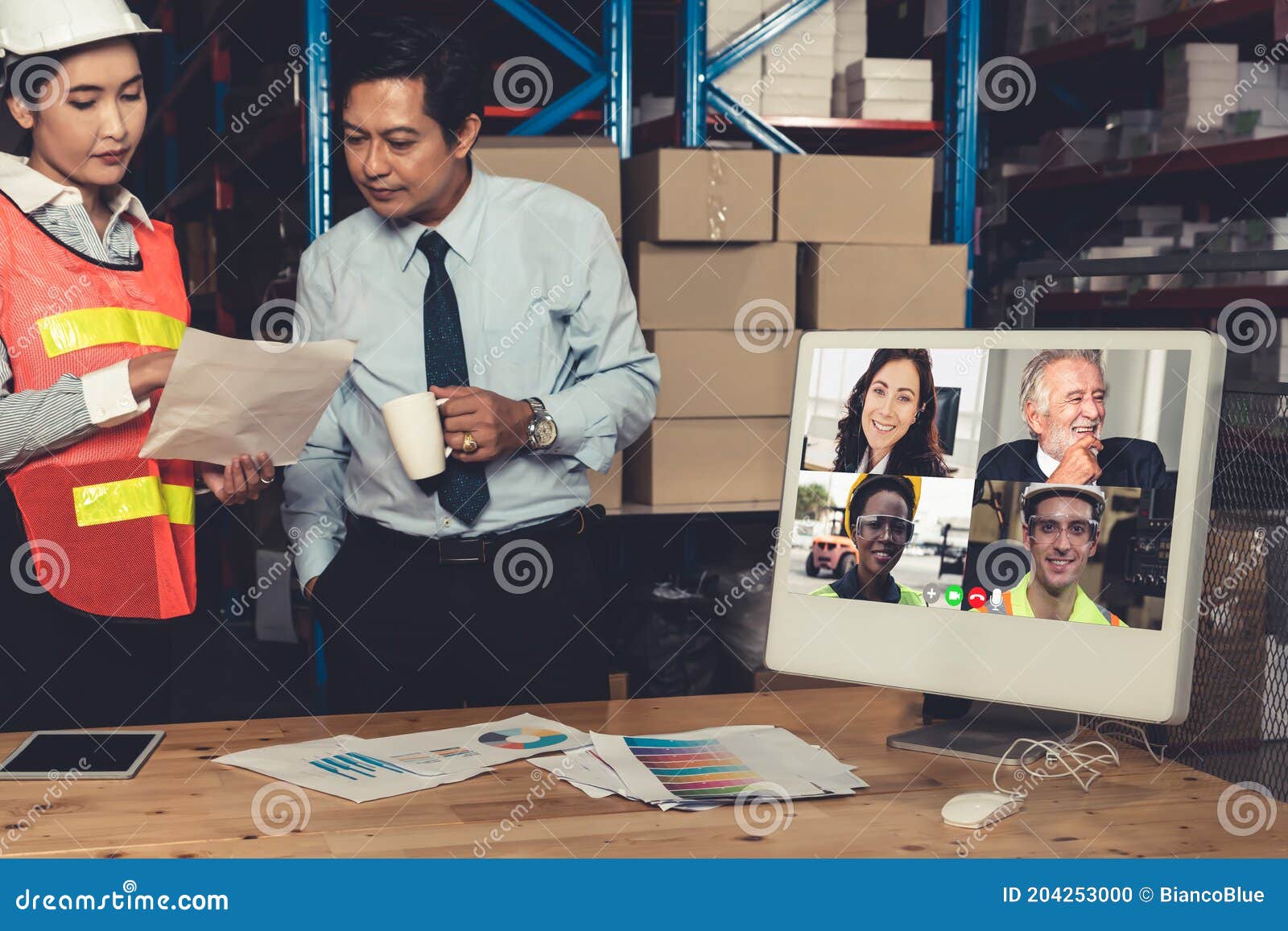 Warehouse Staff Talking on Video Call at Computer Screen in Storage ...