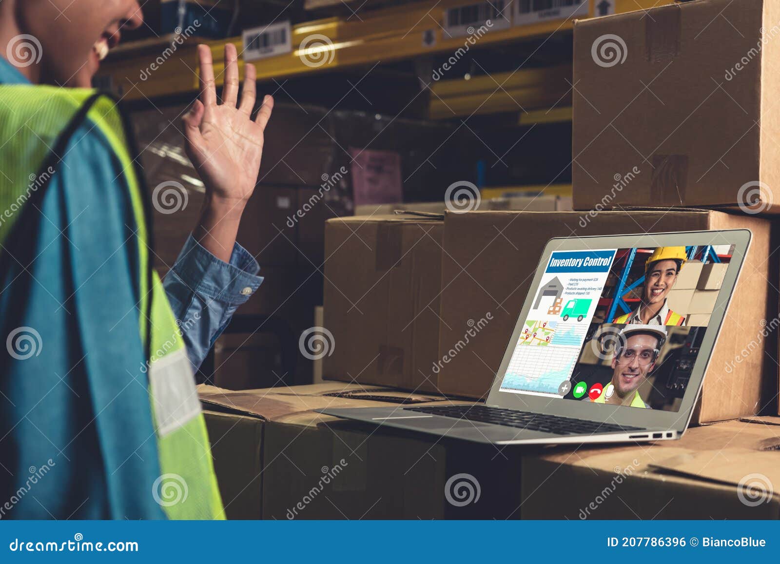 Warehouse Staff Talking on Video Call at Computer Screen in Storage ...