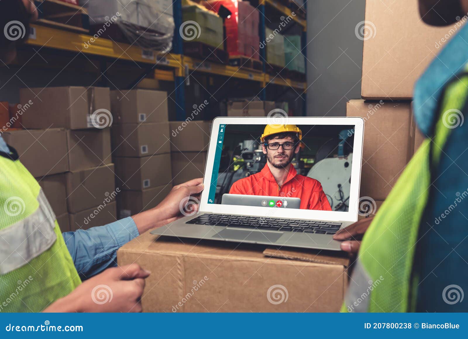 Warehouse Staff Talking on Video Call at Computer Screen in Storage ...