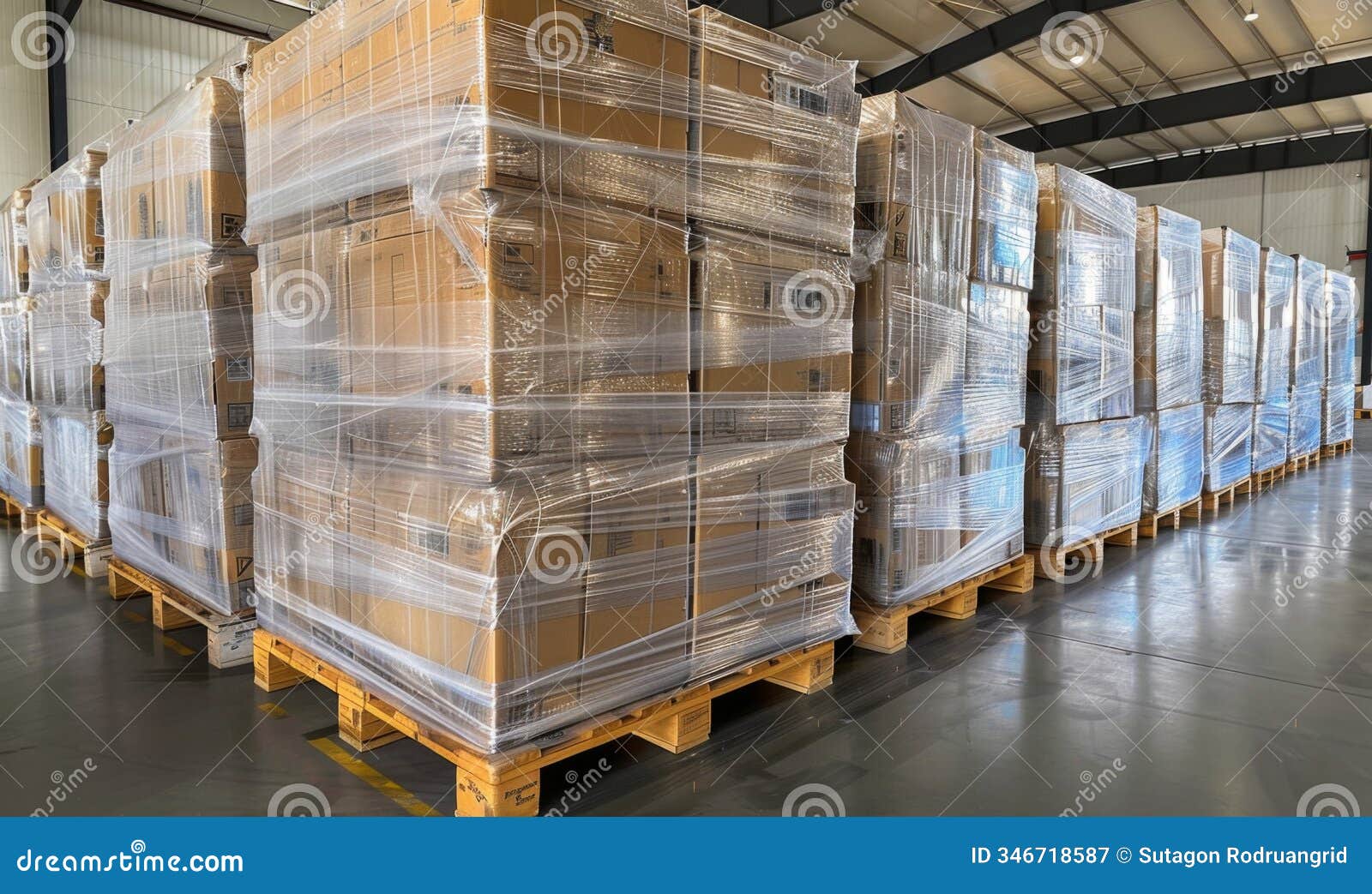 Warehouse Storage for Cargo Shipment Boxes on Pallet Racks, Wrapped in ...