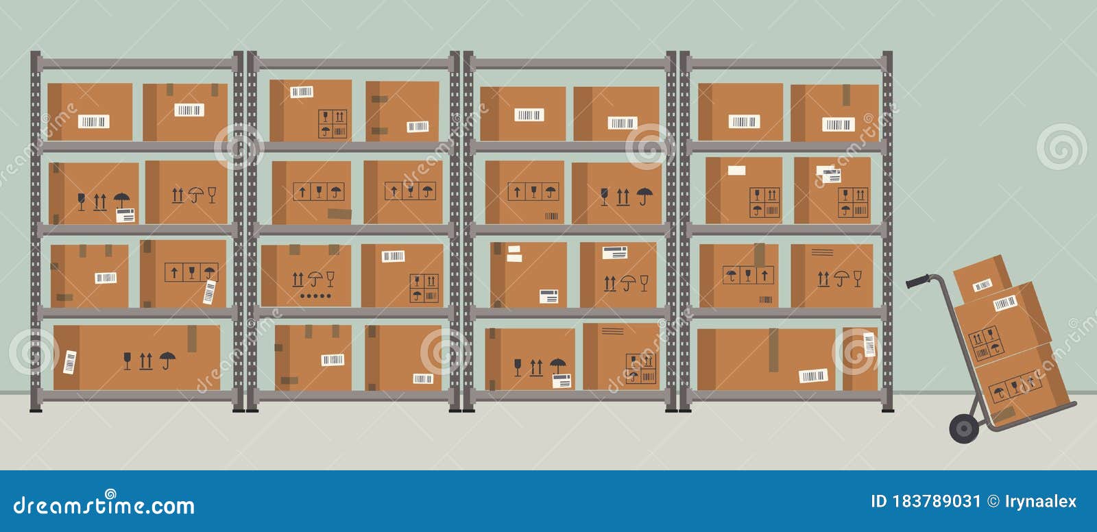 Warehouse. Storage. Shelvings with Cardboard Boxes Stock Vector ...