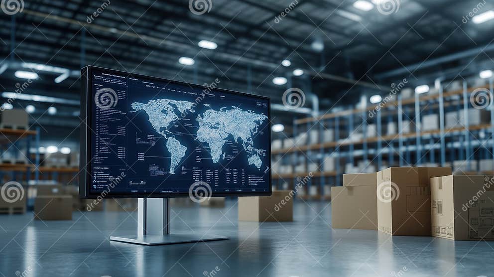 Warehouse Tech Screen Displays Global Inventory. Software Manages ...