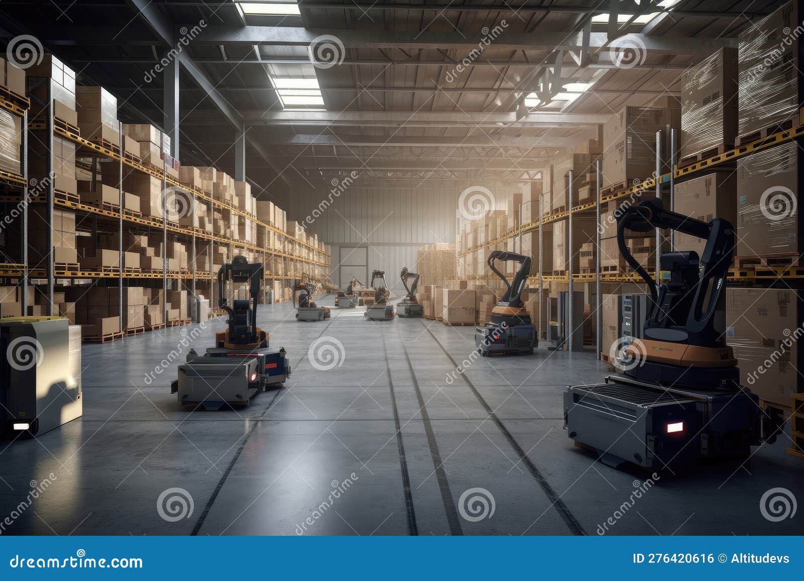 Warehouse, with a Variety of Robots Performing Different Tasks, Such As ...