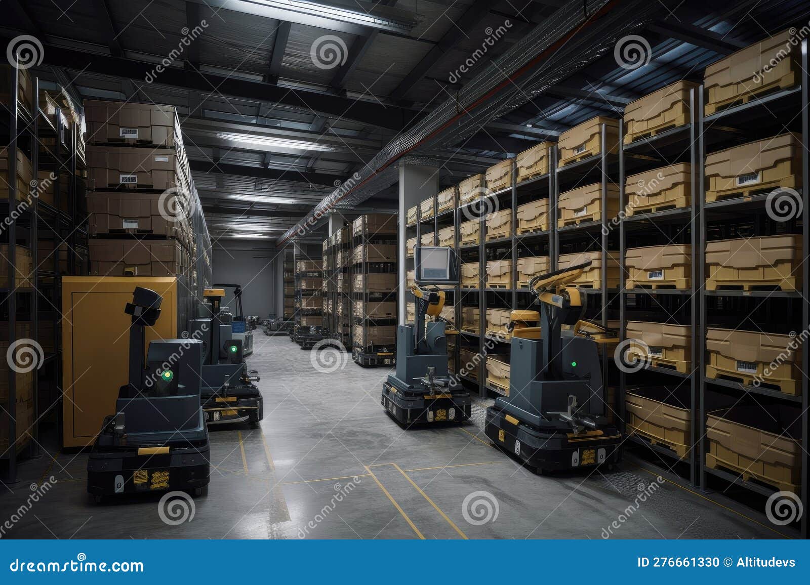 Warehouse, with a Variety of Robots Performing Different Tasks, Such As ...