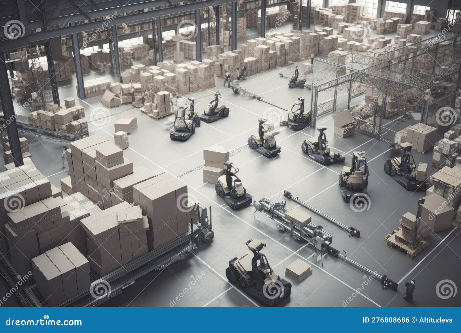 Warehouse, with a Variety of Robots Performing Different Tasks, Such As ...