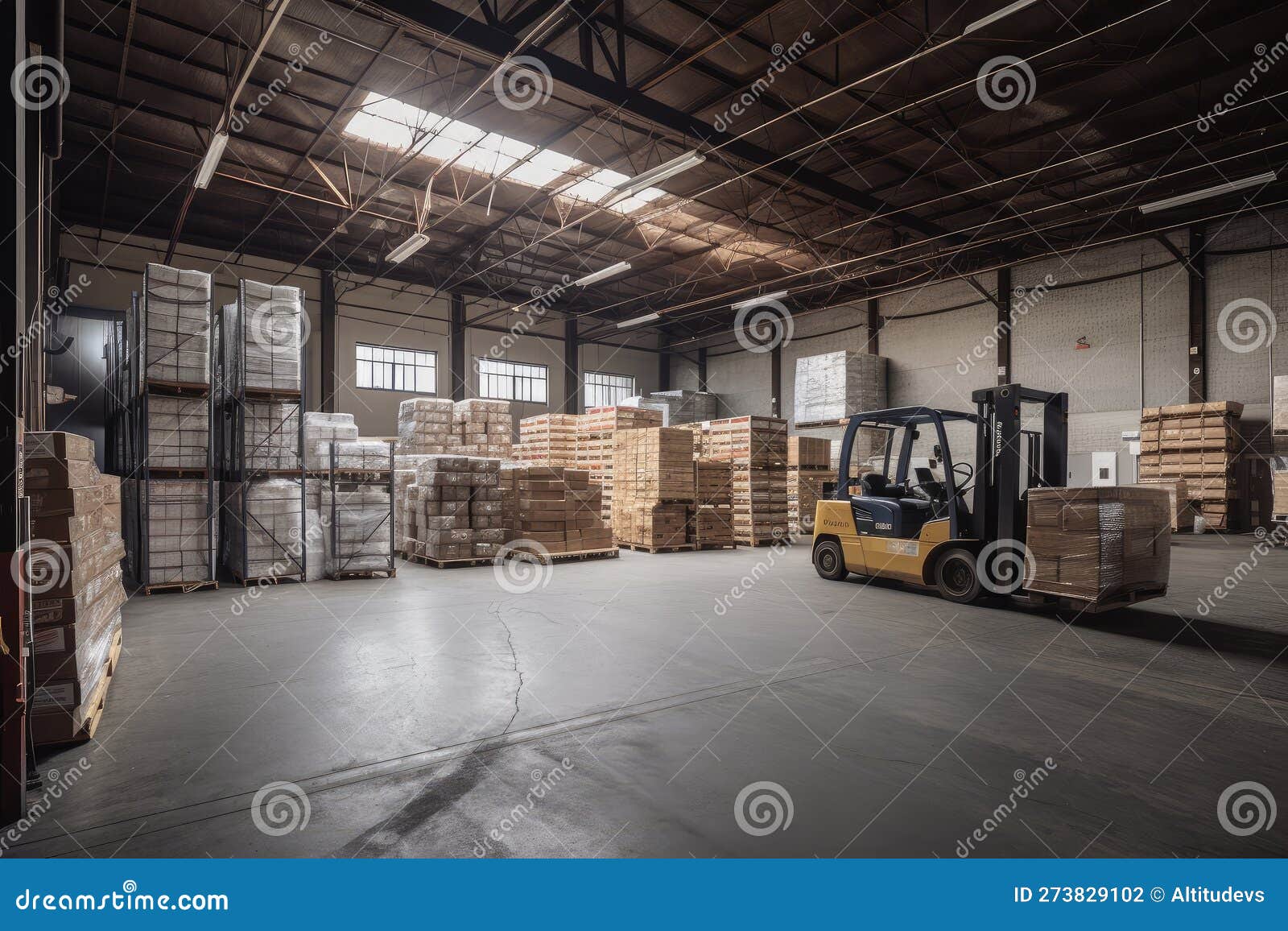 Warehouse, with View of Loading Dock and Forklifts Moving Product in ...