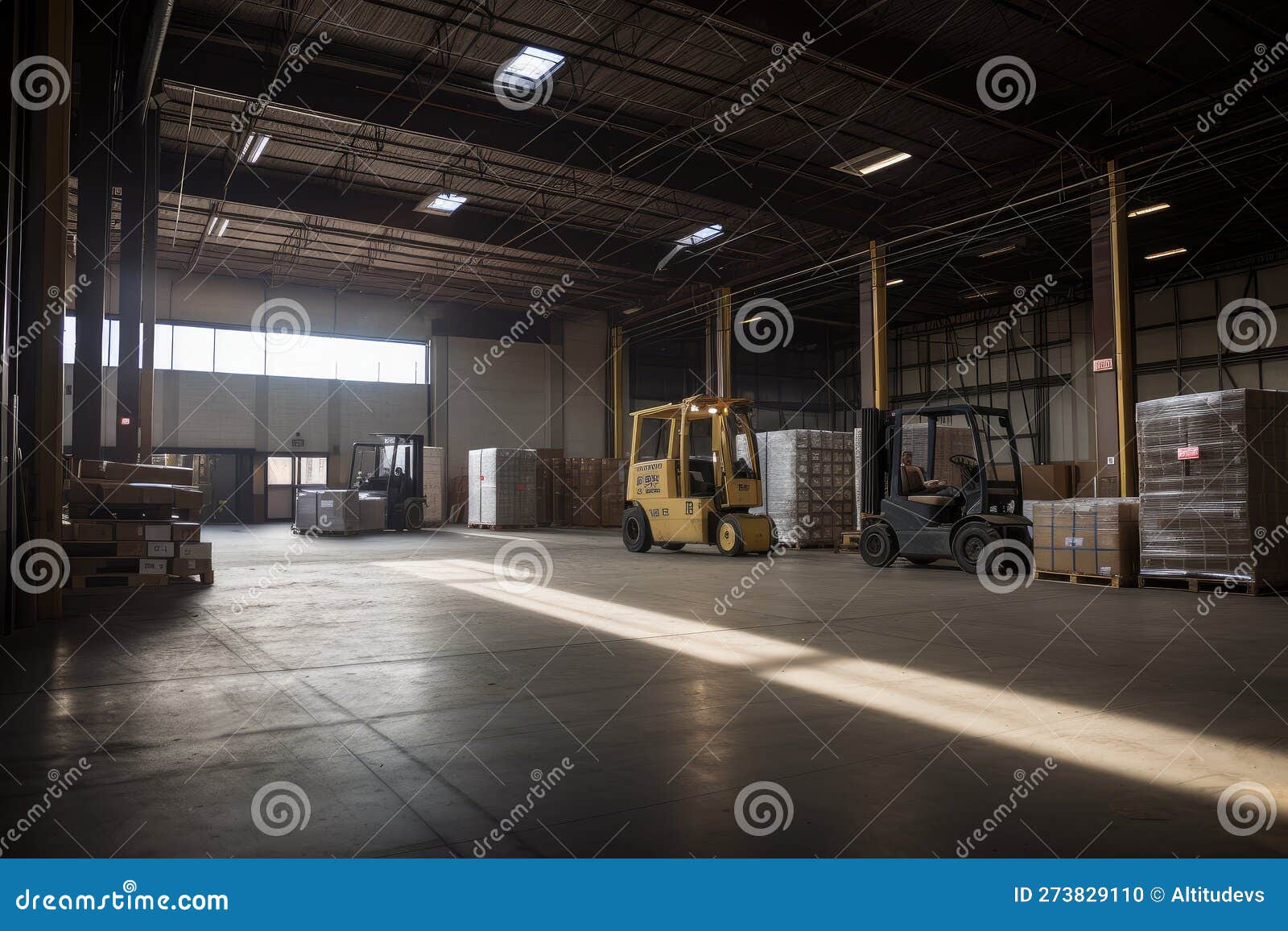 Warehouse, with View of Loading Dock and Forklifts Moving Product in ...