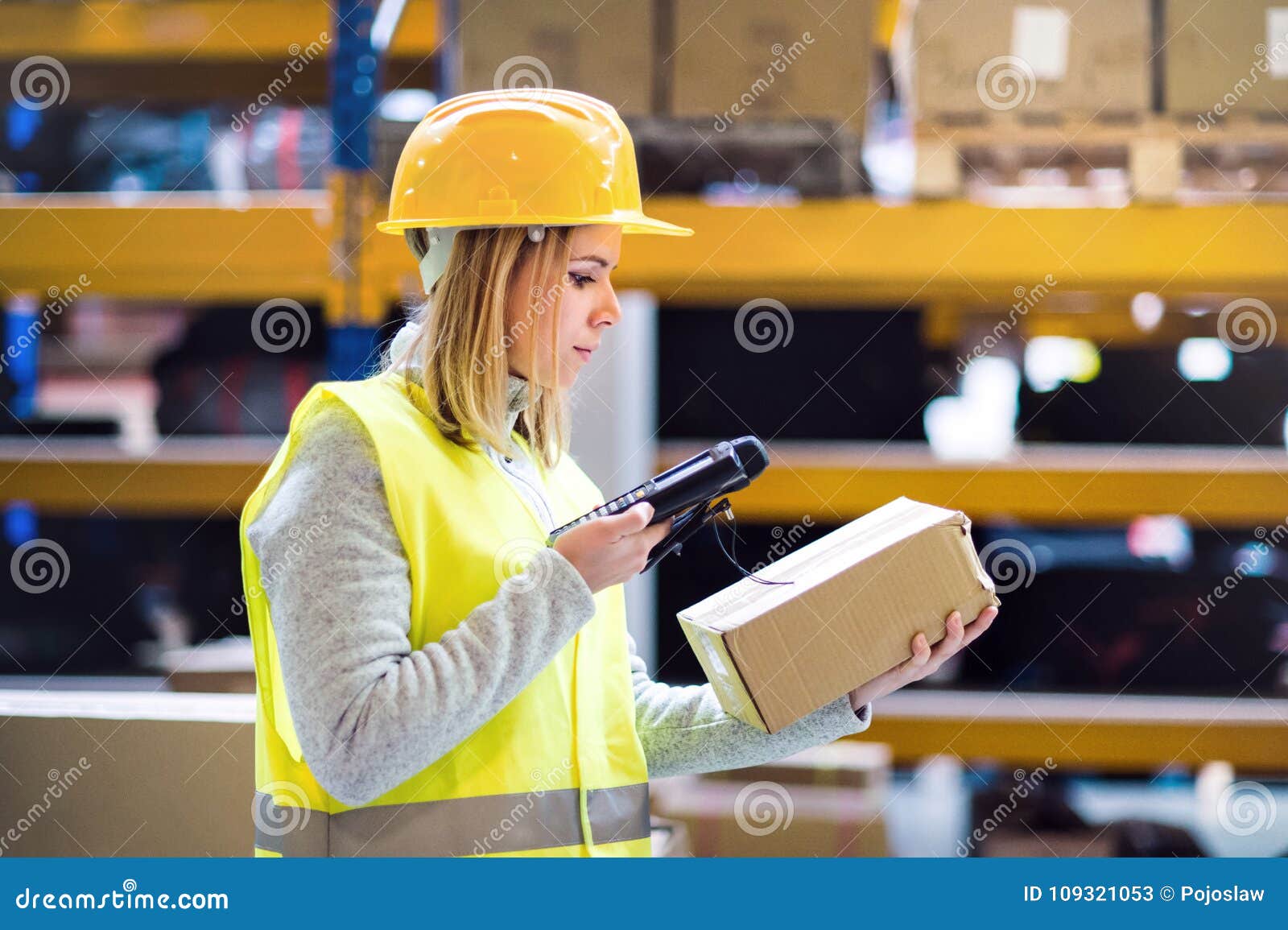 Warehouse Woman Worker with Barcode Scanner. Stock Image - Image of ...