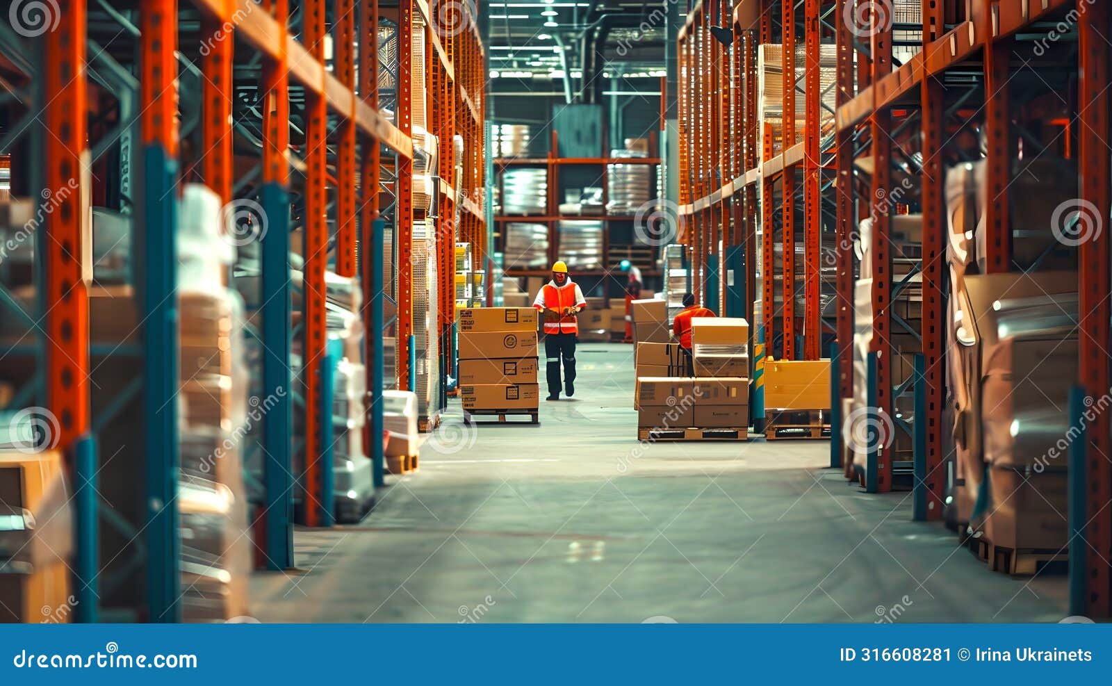 Warehouse Worker in Aisle Checking Inventory. Industry Scene. Storage ...