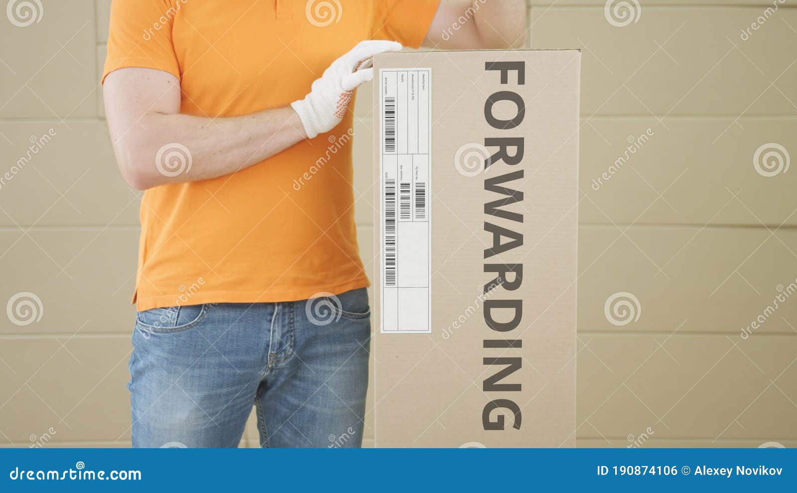Warehouse Worker with Big Parcel with Printed FORWARDING Text and Label ...