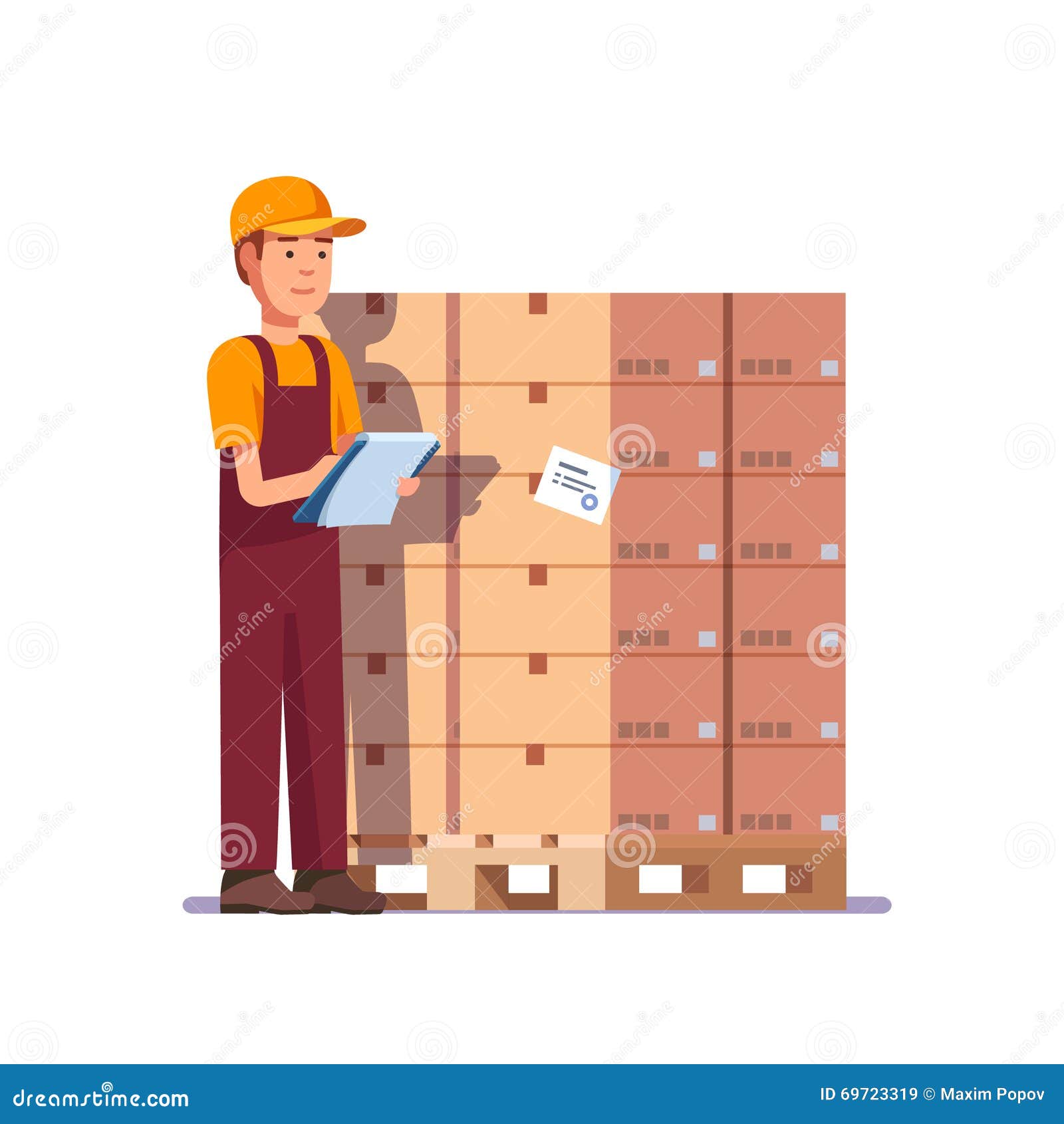 Warehouse Worker Checking Goods On Pallet Stock Vector Illustration ... Warehouse Worker Checking Goods On Pallet Stock Vector Illustration ...