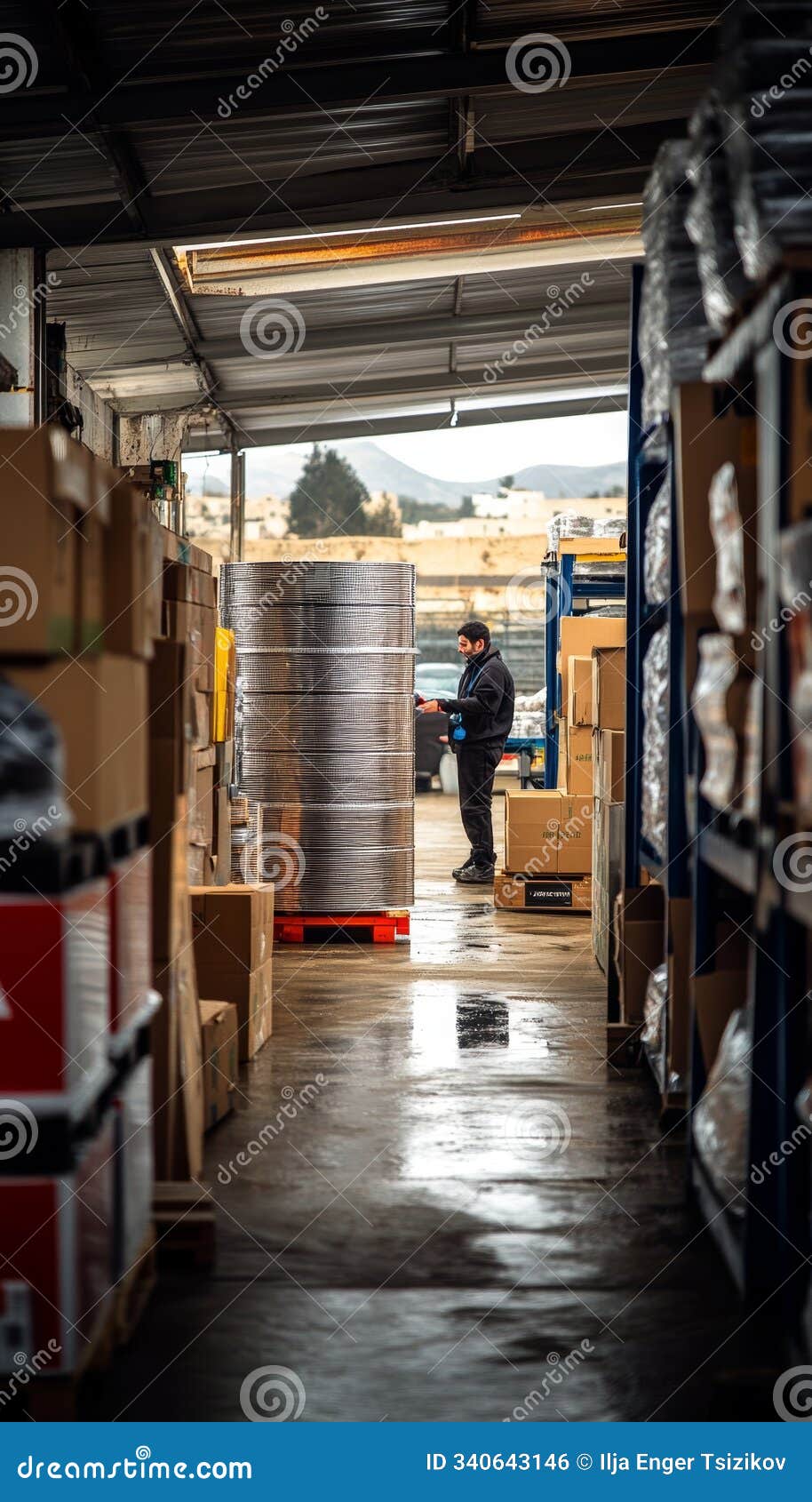 Warehouse Worker Checking Inventory in a Storage Room with Boxes and ...