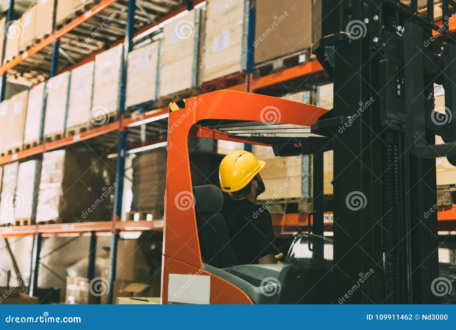 Warehouse Worker Doing Logistics Work with Forklift Loader Stock Photo ...