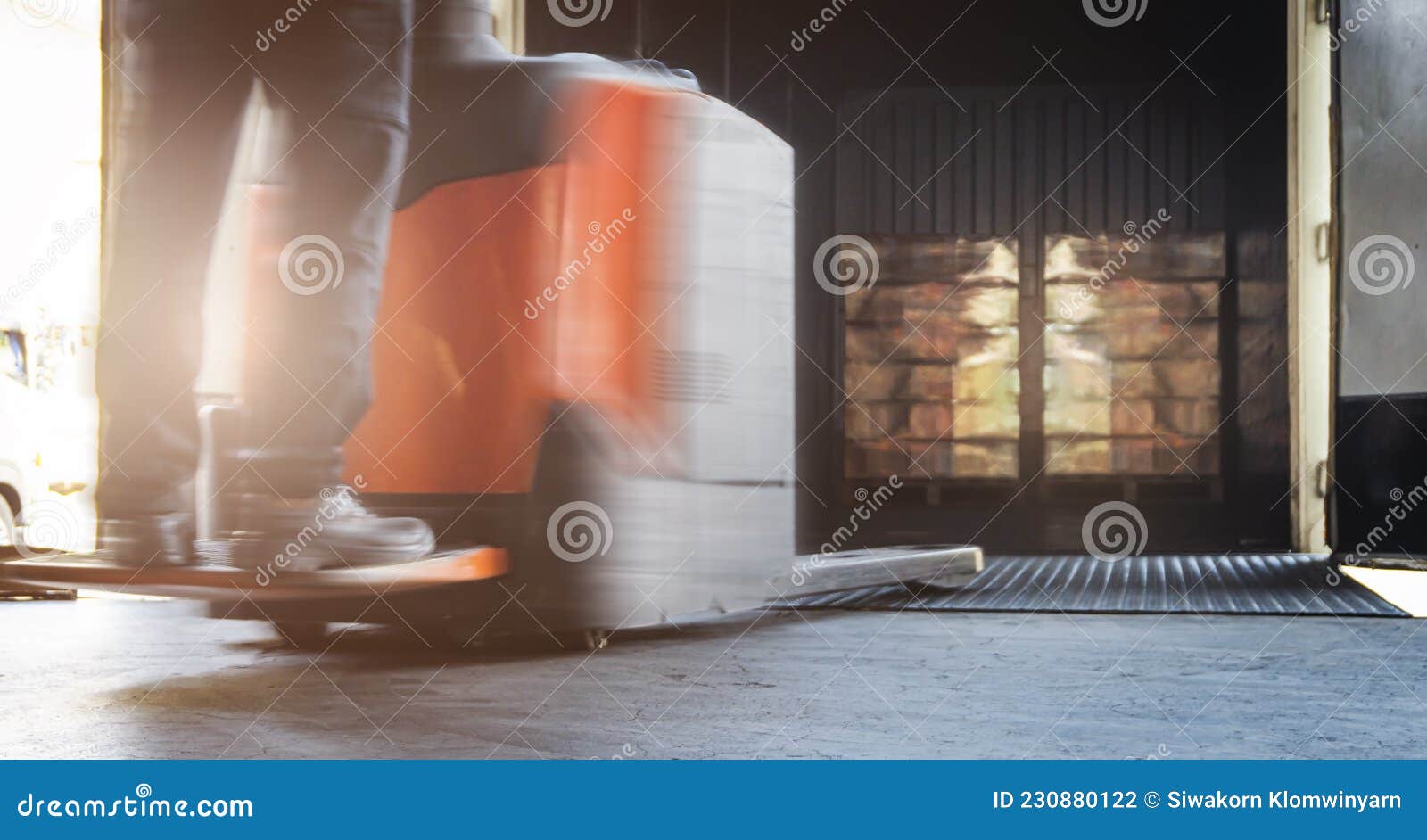 Warehouse Worker Driving Electric Forklift To Unloading Cargo Inside ...