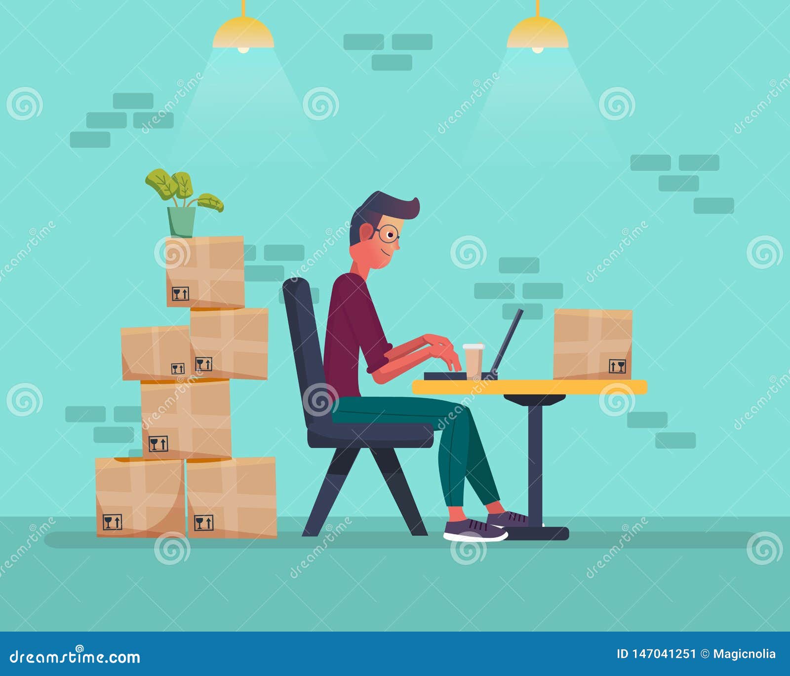 Warehouse Worker in Flat Style Using Laptop and Working with Pile of ...