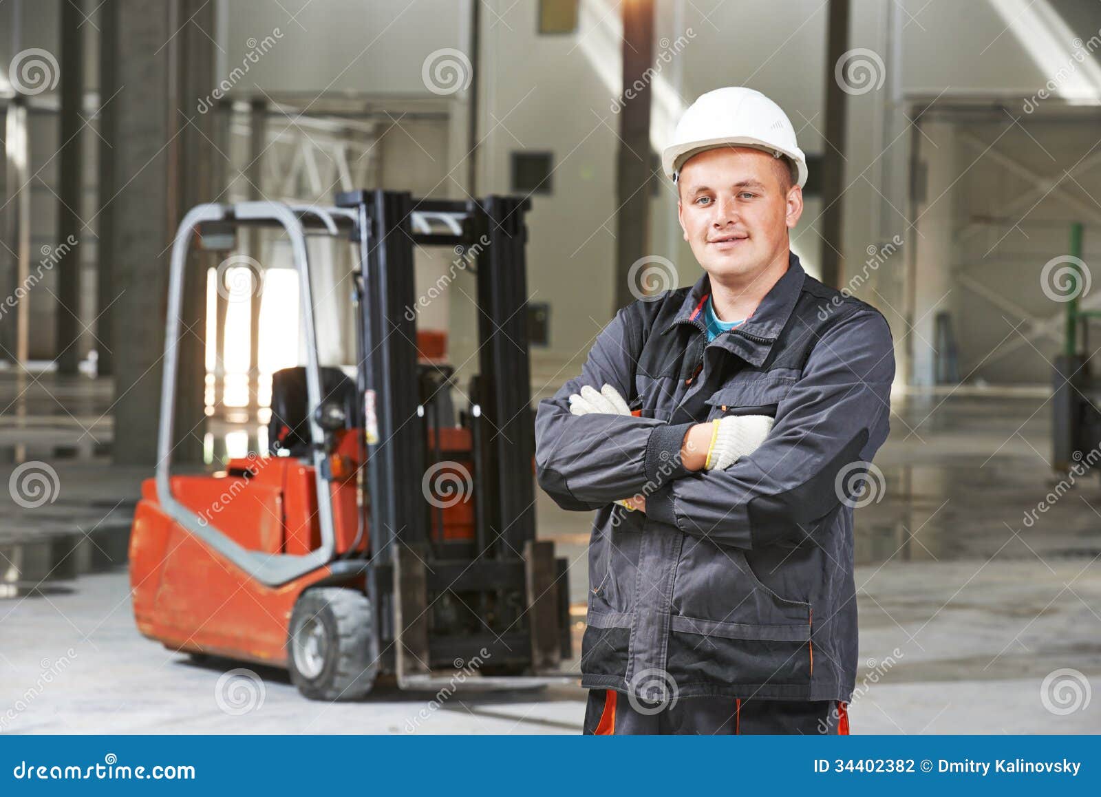 Warehouse Worker in Front of Forklift Stock Photo - Image of happy ...