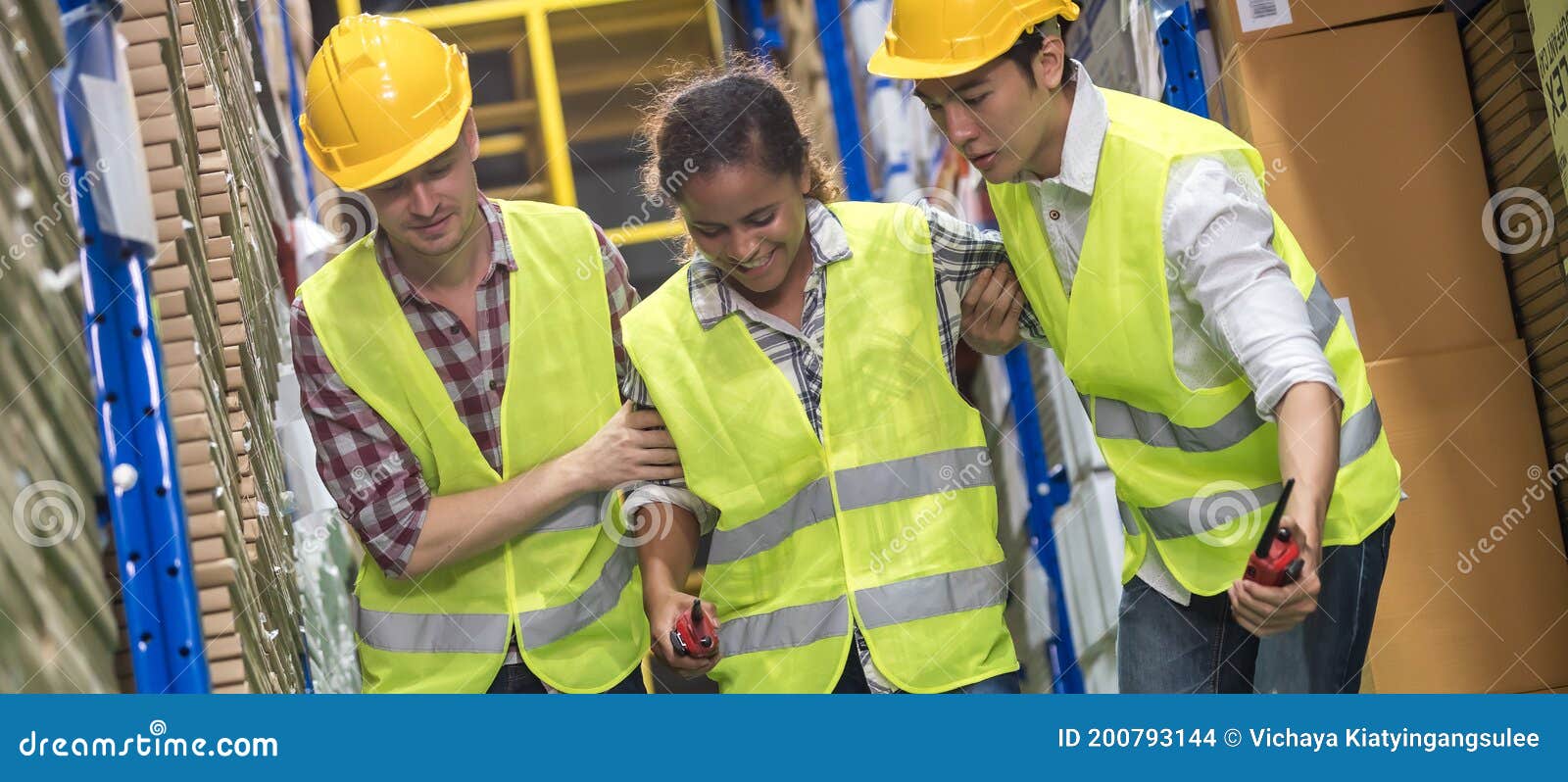 Warehouse Worker Help Colleague First Aid after Accident Panorama Stock ...