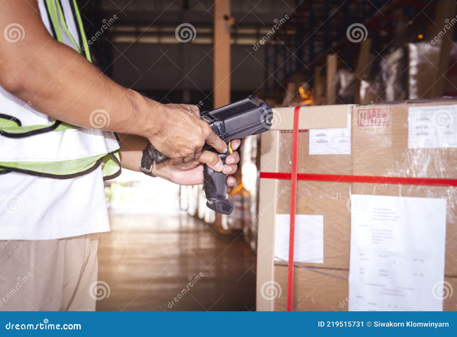 Warehouse Worker Holding Barcode Scanner His Scanning Cargo Box ...