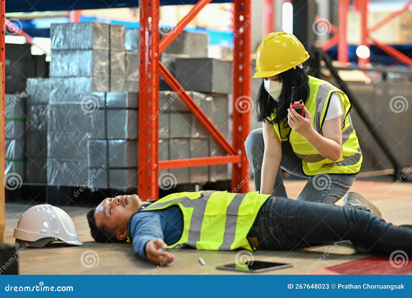 Warehouse Worker Lying Unconscious on Floor after Accident while ...
