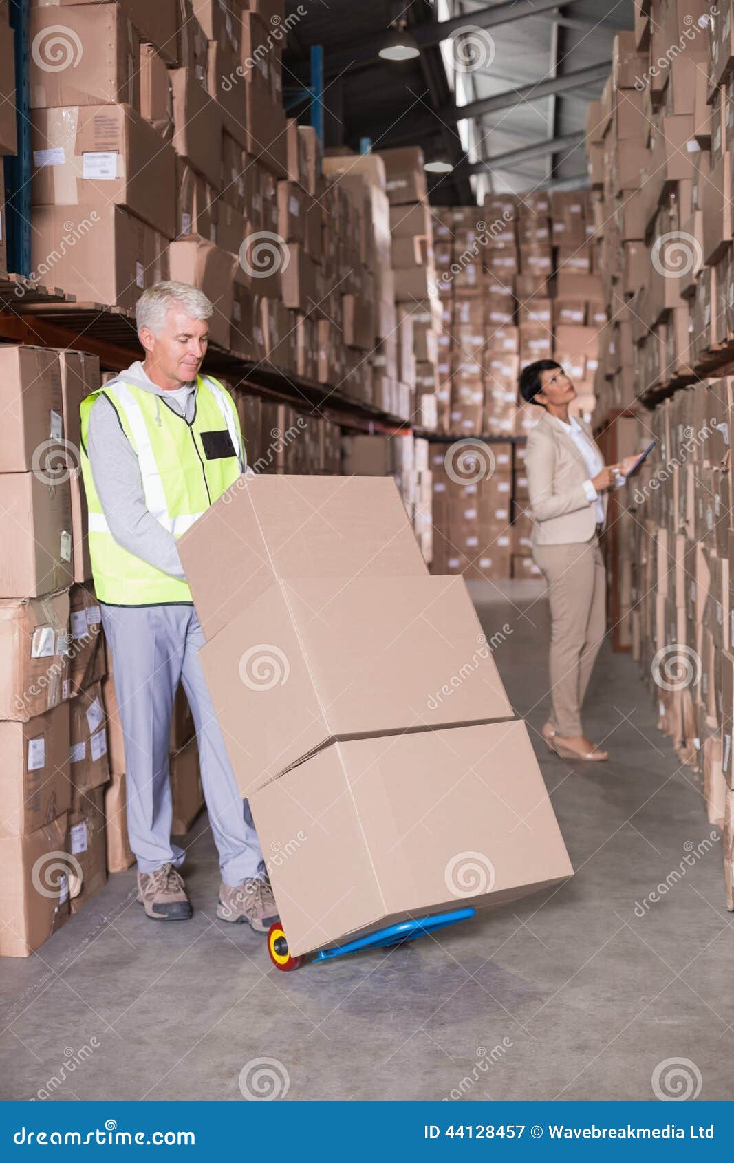 Warehouse Worker Moving Boxes on Trolley Stock Image - Image of ...