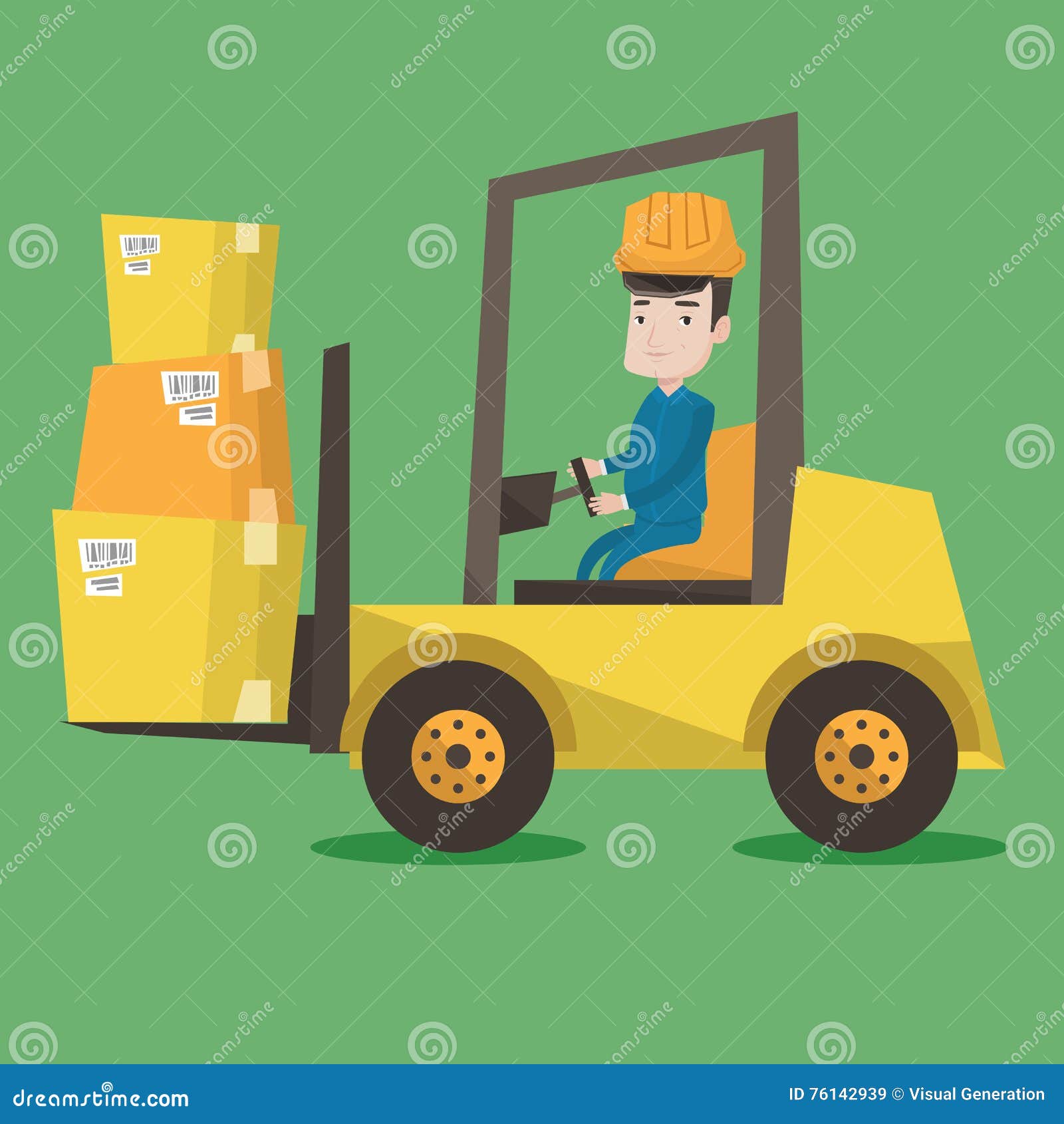 Warehouse Worker Moving Load By Forklift Truck. Cartoon Vector ...