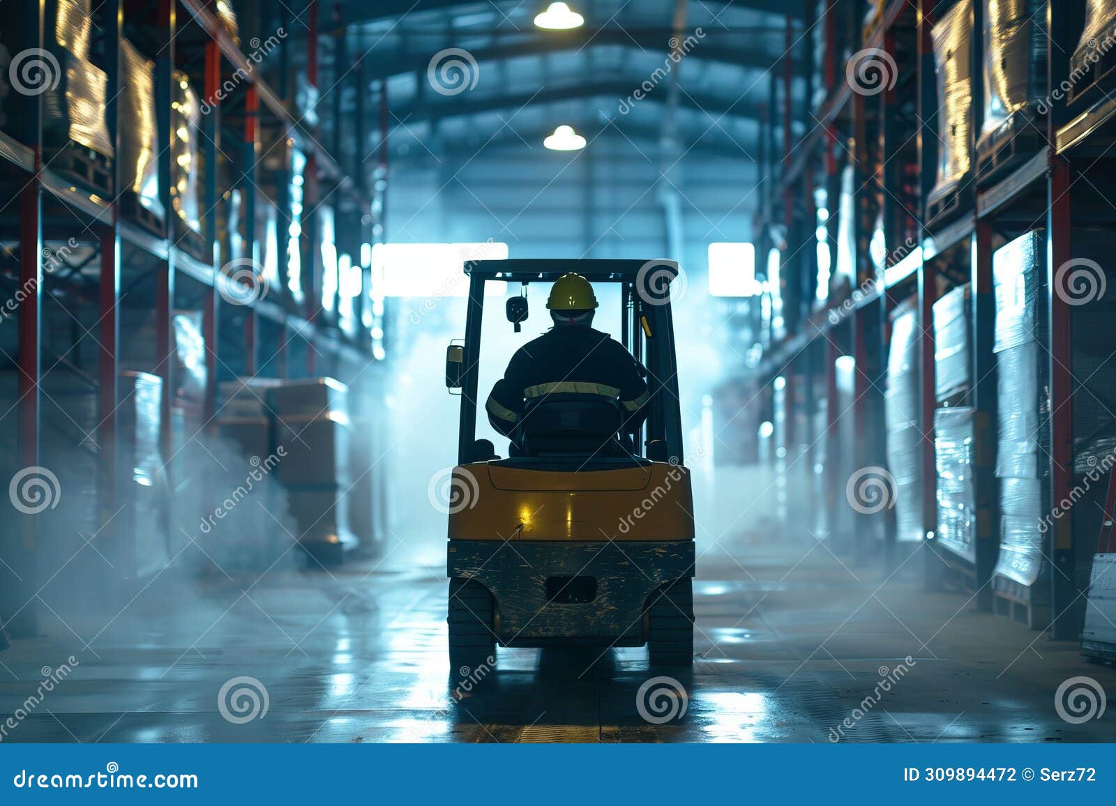 Warehouse Worker Operates a Forklift in a Warehouse, Warehouse ...