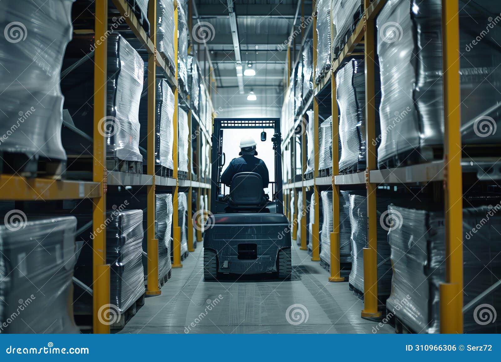 Warehouse Worker Operates a Forklift in a Warehouse, Warehouse ...