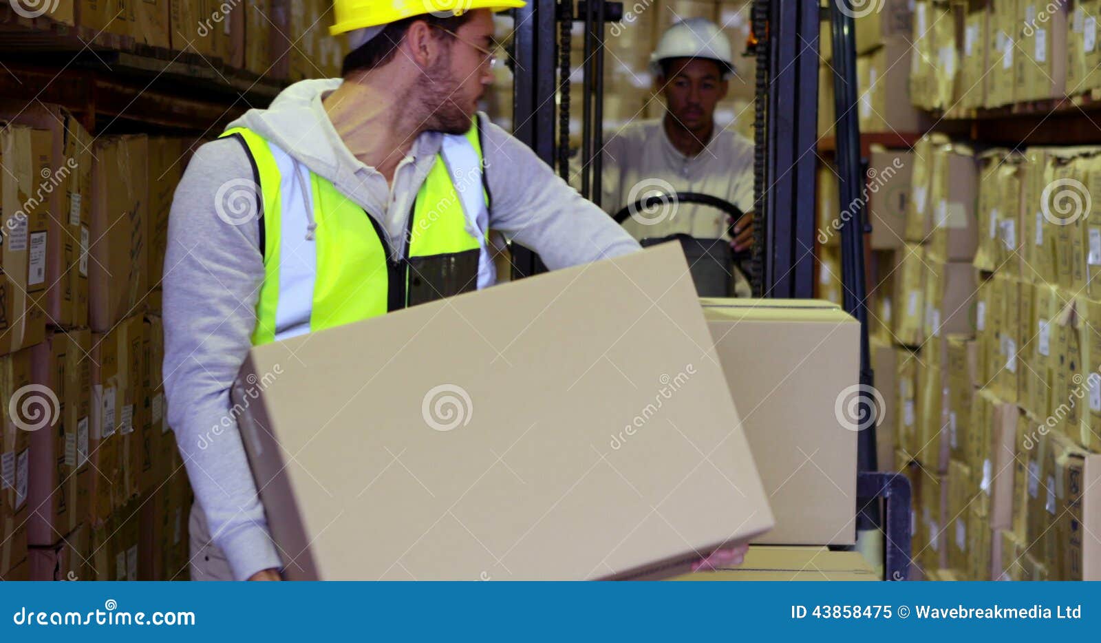 Warehouse Worker Packing Boxes on Forklift Stock Video - Video of ...