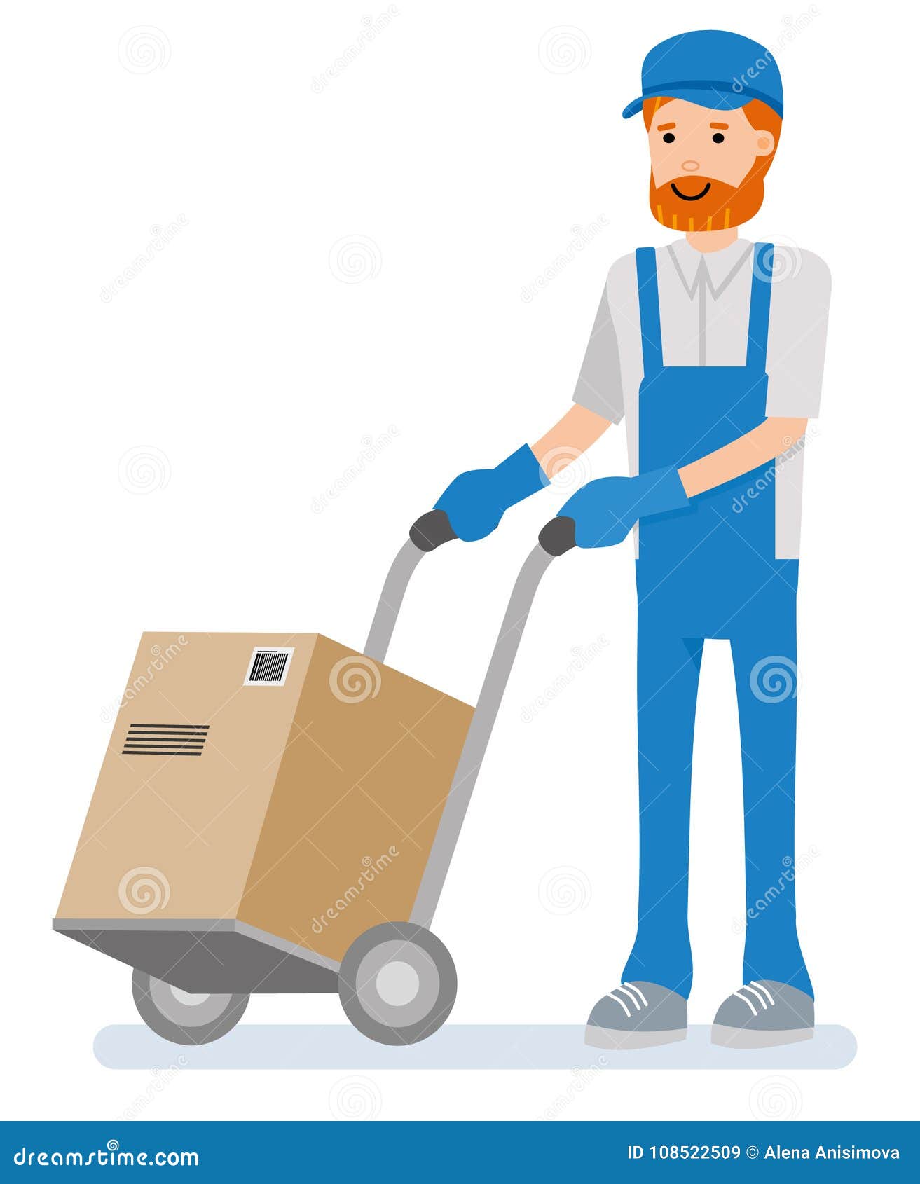 The Warehouse Worker Pulls a Pushcart with Goods on White Background ...