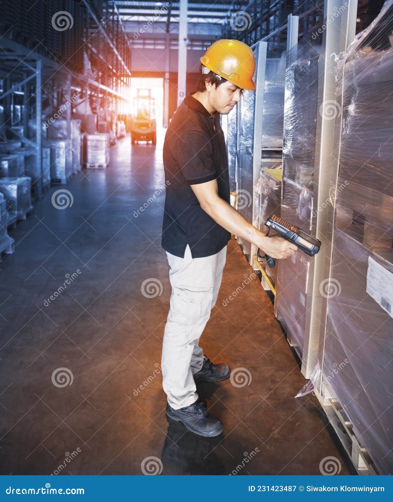 Warehouse Worker Scanning Bar Code Scanner with Package Boxes. Computer ...
