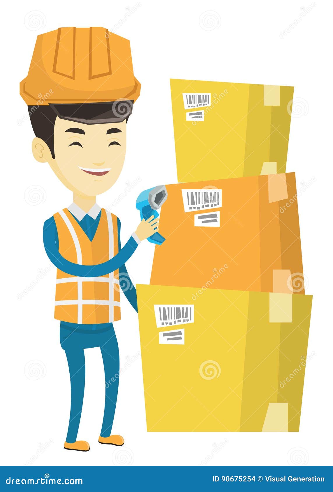 Warehouse Worker Scanning Barcode on Box. Stock Vector - Illustration ...