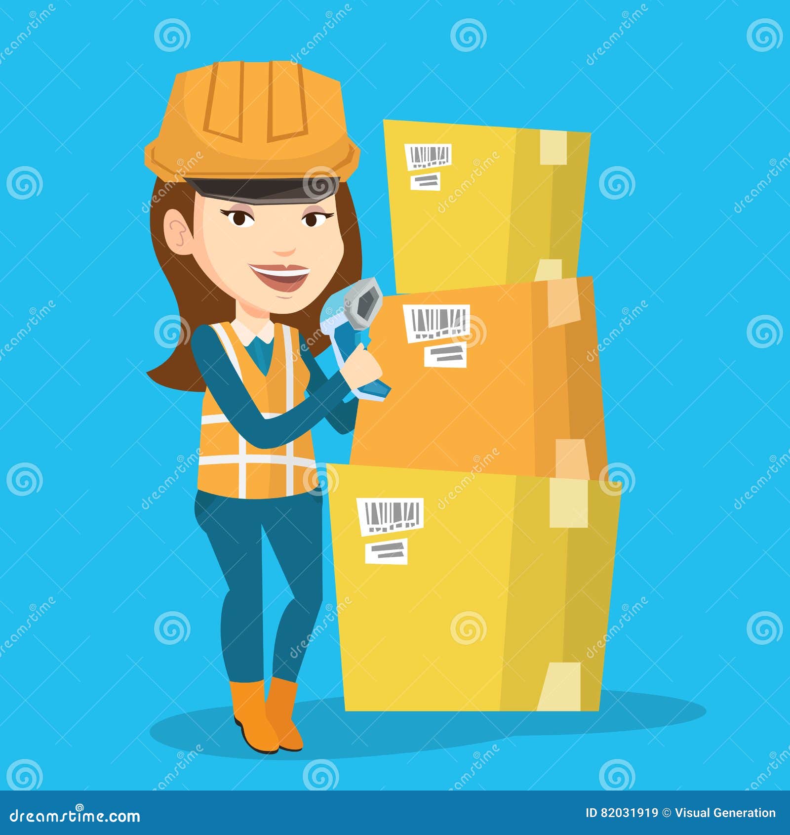 Warehouse Worker Scanning Barcode on Box. Stock Vector - Illustration ...