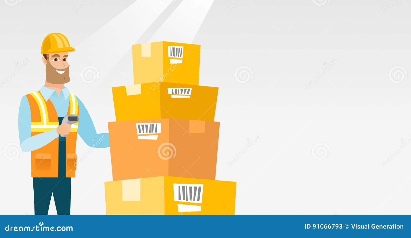Warehouse Worker Scanning Barcode On Box. Vector Illustration ...