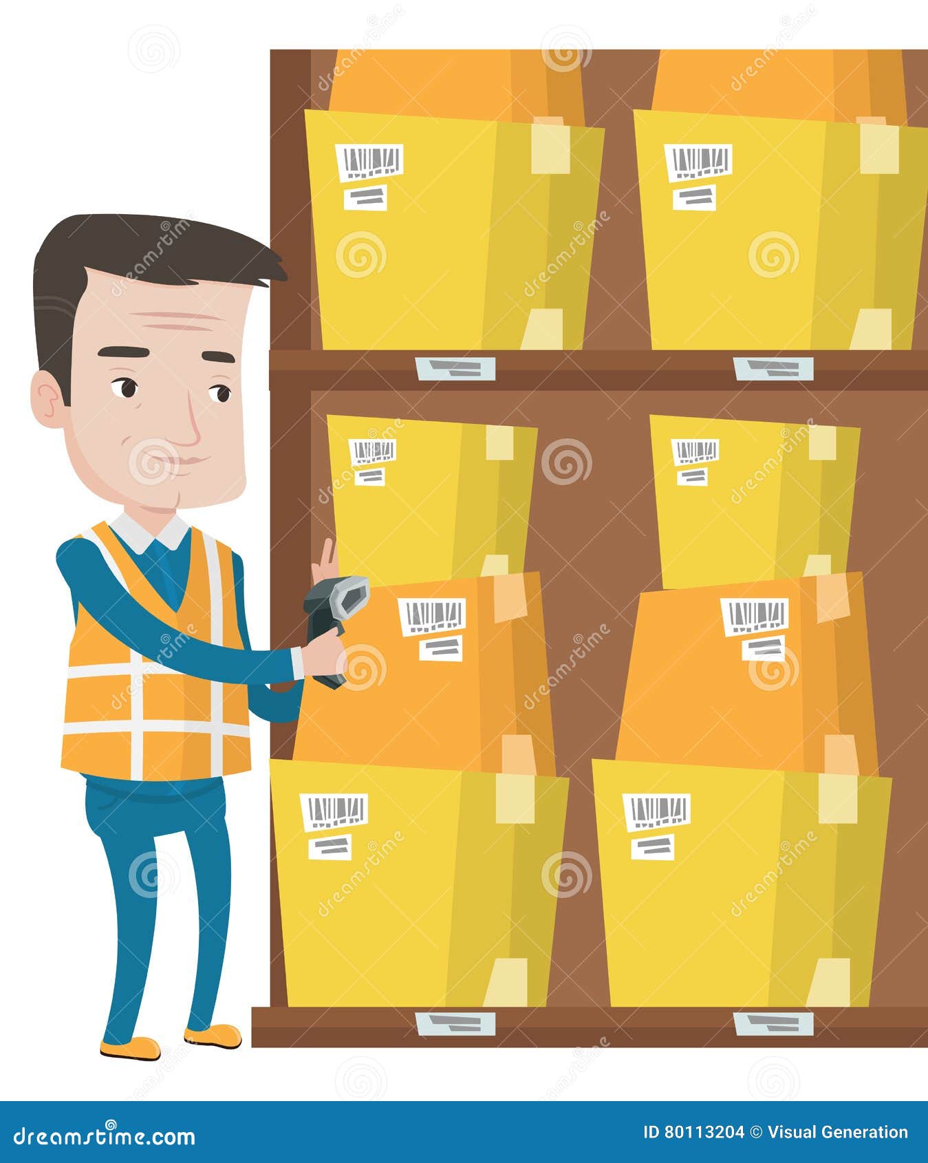 Warehouse Worker Scanning Barcode on Box. Stock Vector - Illustration ...