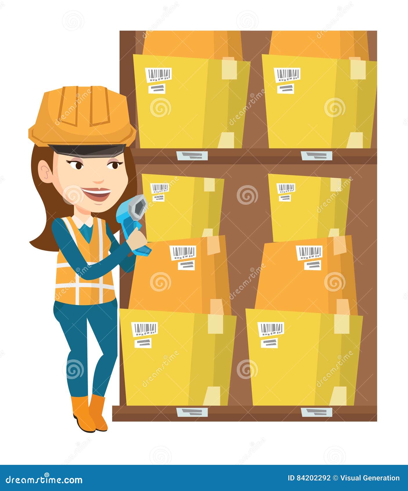 Warehouse Worker Scanning Barcode On Box. Vector Illustration ...