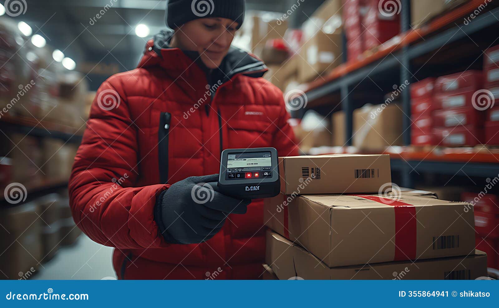 Warehouse Worker Scanning a Barcode on a Box with a Handheld Scanner ...