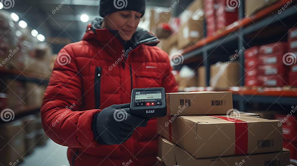 Warehouse Worker Scanning a Barcode on a Box with a Handheld Scanner ...