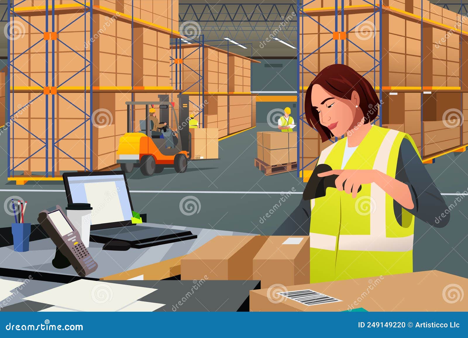 Warehouse Worker Scanning a Box Vector Illustration Stock Vector ...