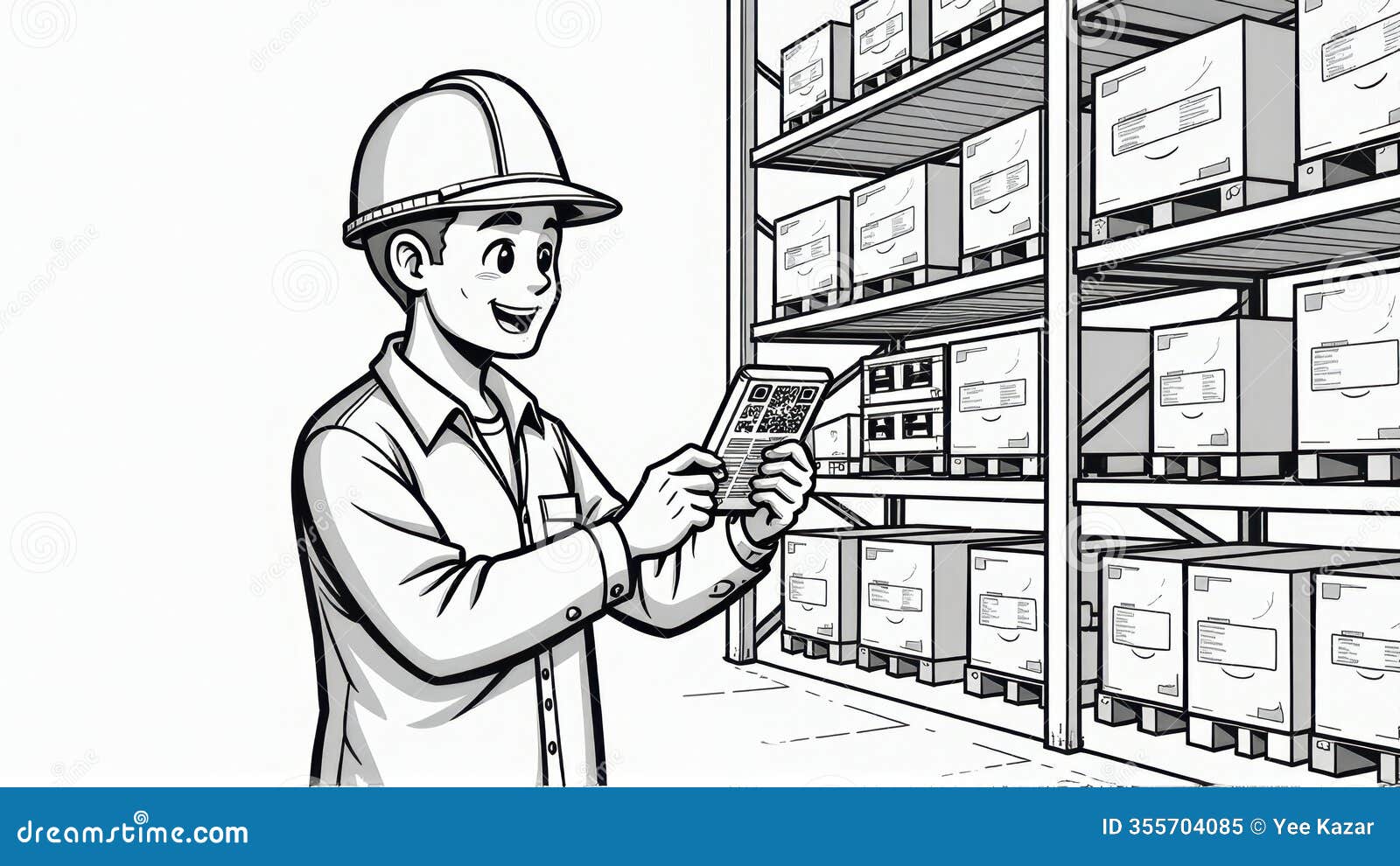 Warehouse Worker Scanning QR Code on Inventory Stock Illustration ...